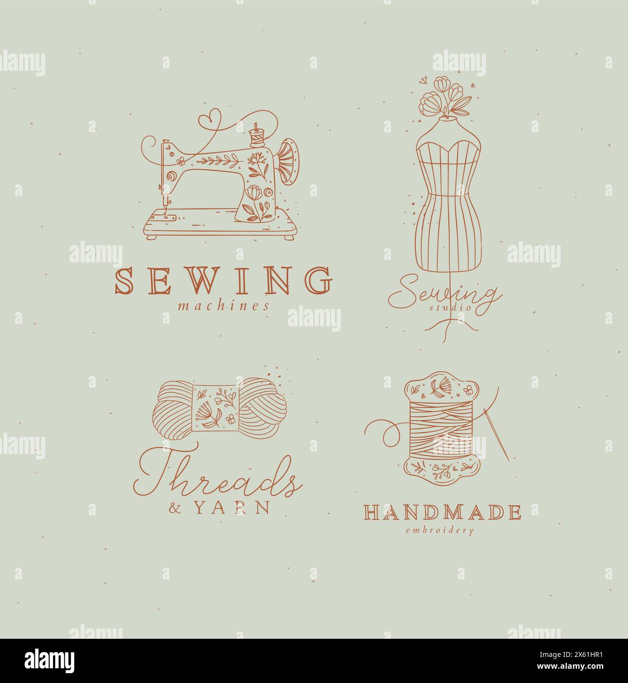 Sewing symbols machine, mannequin, wool, thread with lettering drawing ...