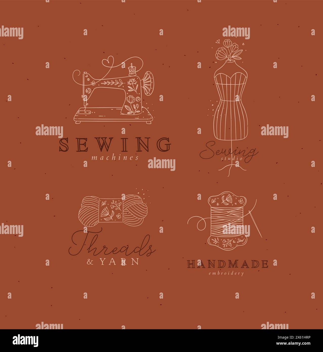 Sewing symbols machine, mannequin, wool, thread with lettering drawing ...
