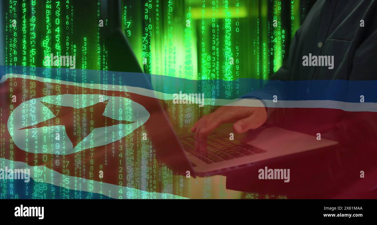 Image of binary coding with hacker over flag of north korea Stock Photo ...