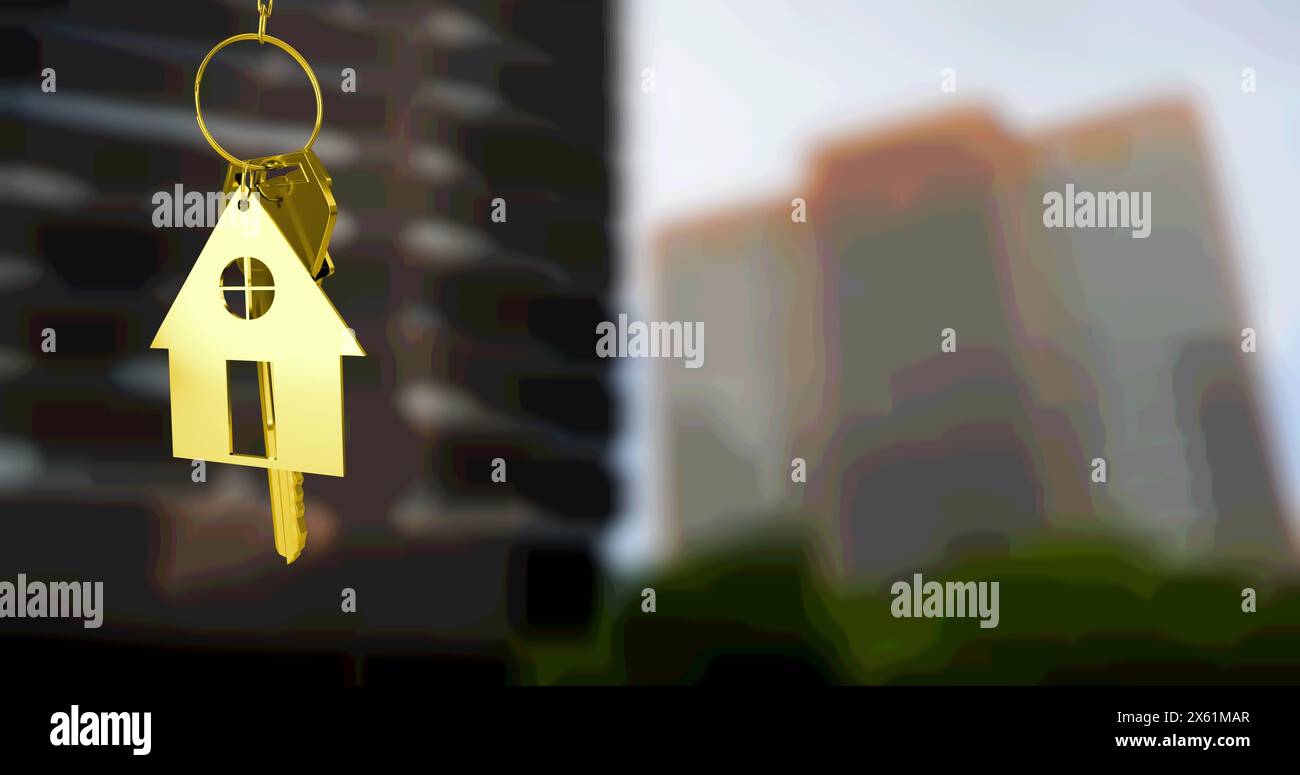 Image of gold house key fob and key, hanging in front of blurred city ...