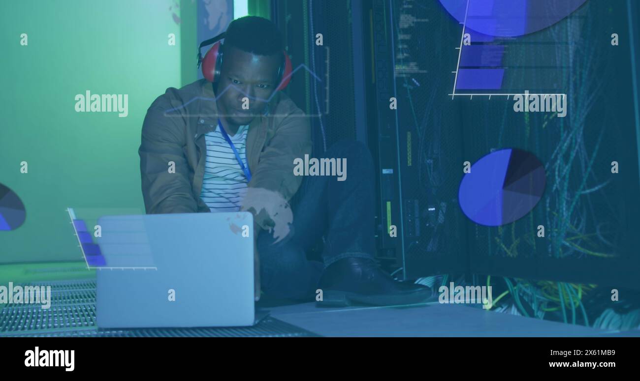 Image of data processing over african american it man by computer ...