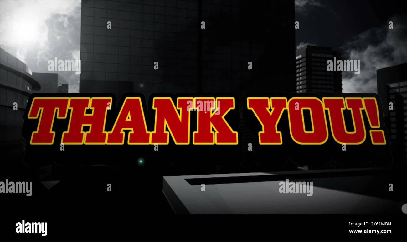 Image of red text thank you, over explosion and cityscape Stock Photo ...