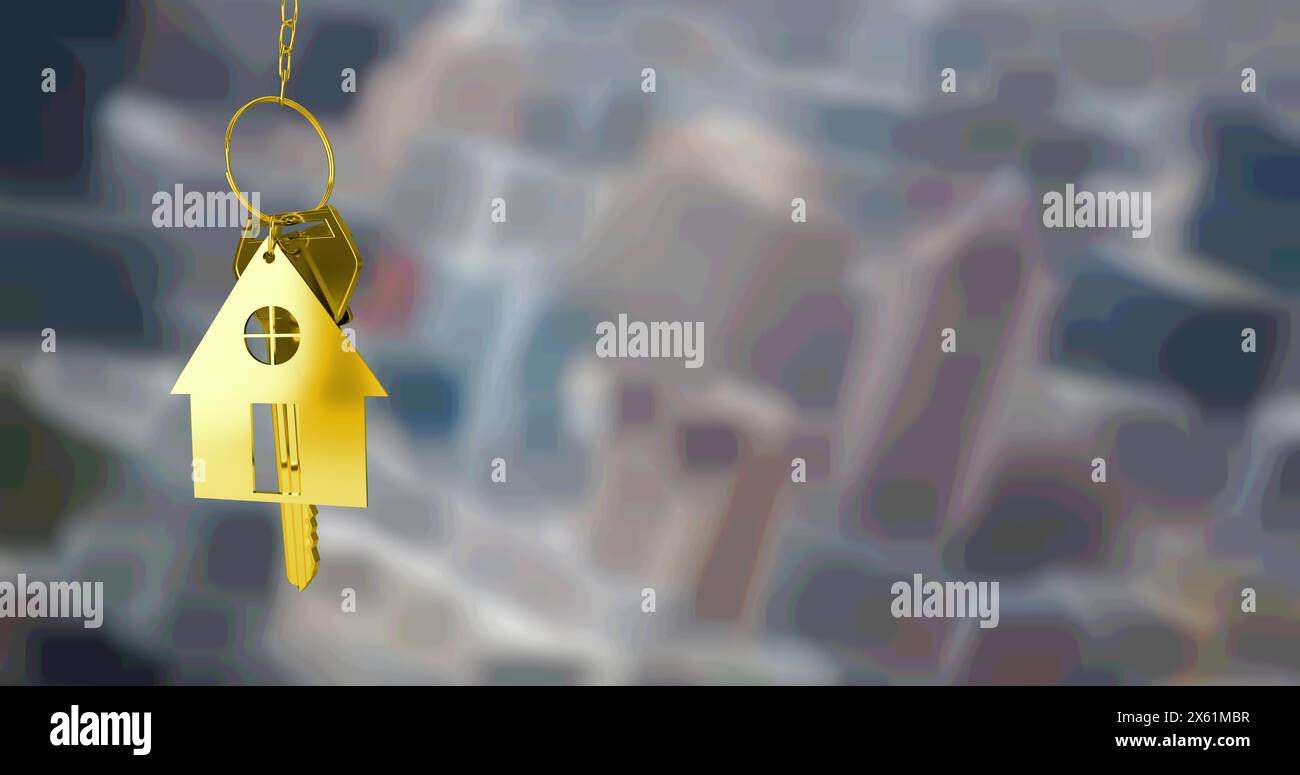 Image of gold house key fob and key, hanging in front of blurred city ...