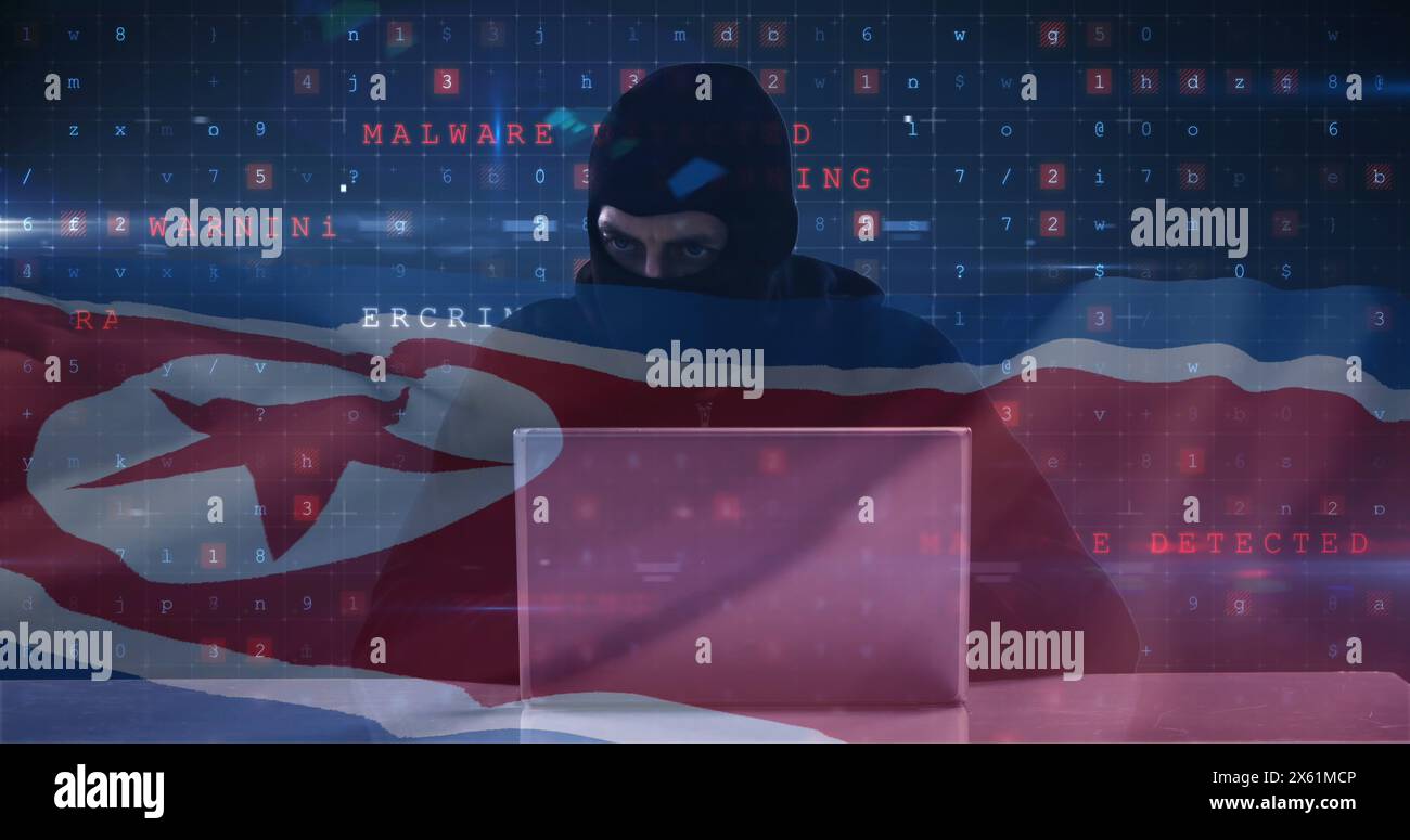 Image of data processing and cyber warning text with hacker over flag ...