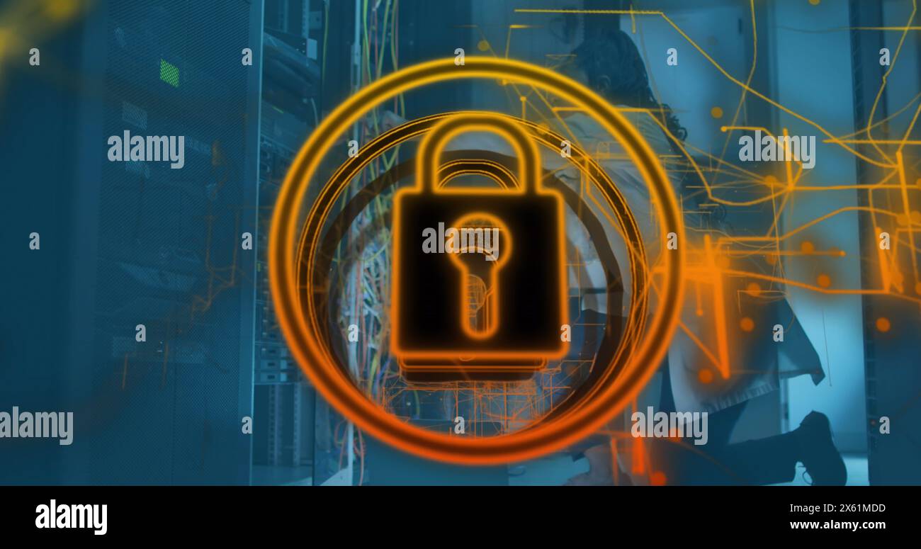 Image of icon padlock data processing over african american it woman by computer servers Stock ...