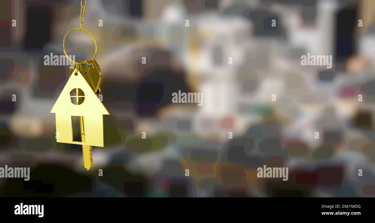 Image of gold house key fob and key, hanging in front of blurred city ...