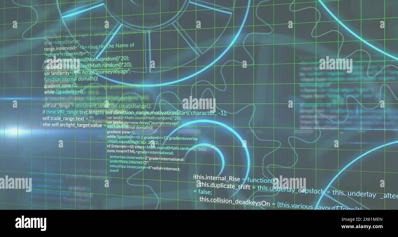 Image of mechanical gears, lens flares and computer language over ...