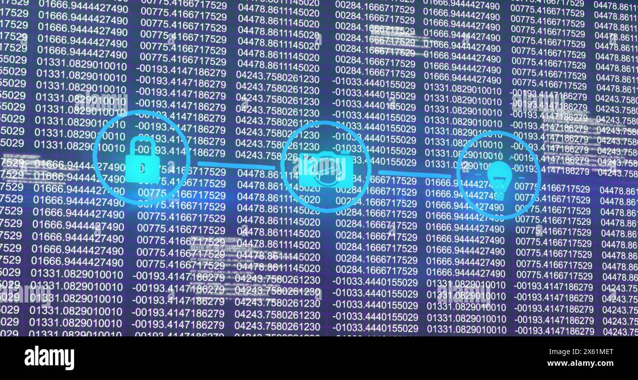 Image of flowchart of icons with changing numbers and computer language over abstract background ...