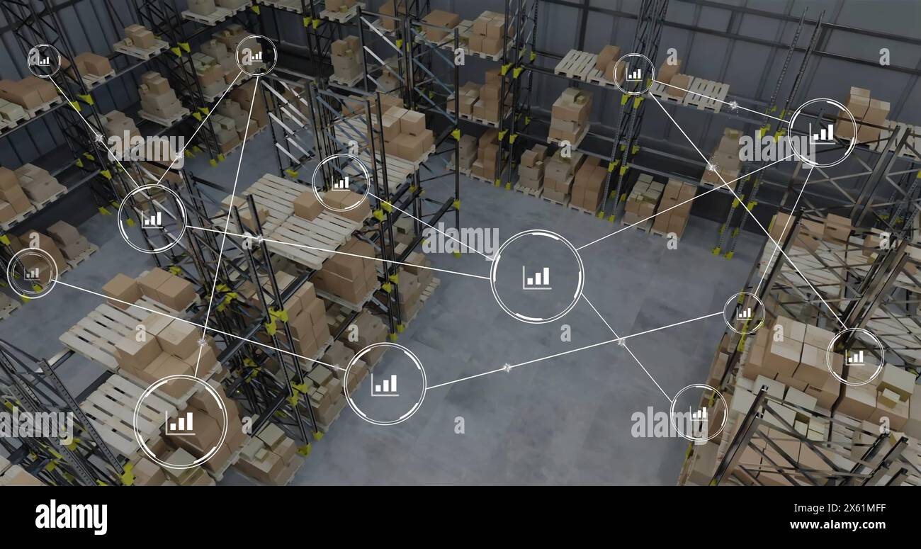 Image of network of connections with icons over warehouse Stock Photo ...