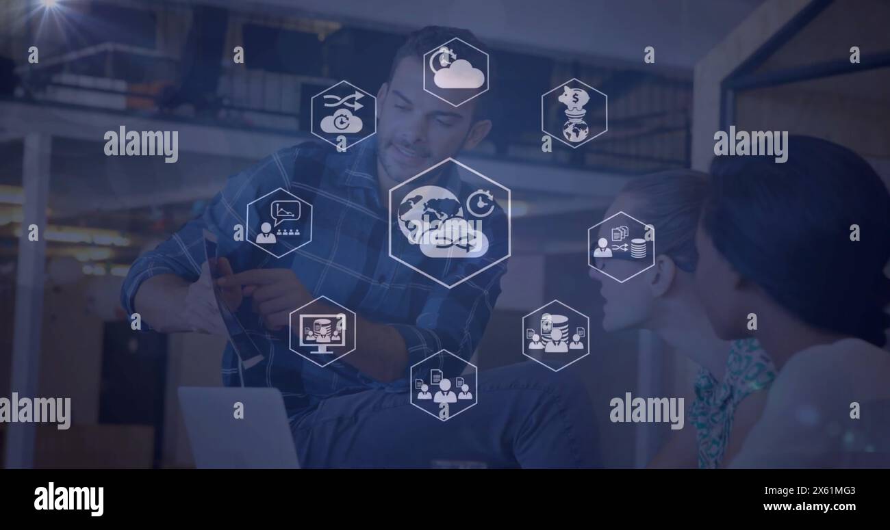 Image of icon in hexagons over diverse coworkers discussing reports on ...