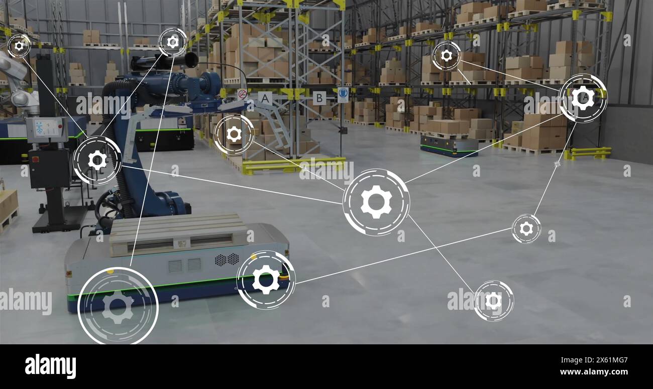Image of network of connections with icons over warehouse Stock Photo ...