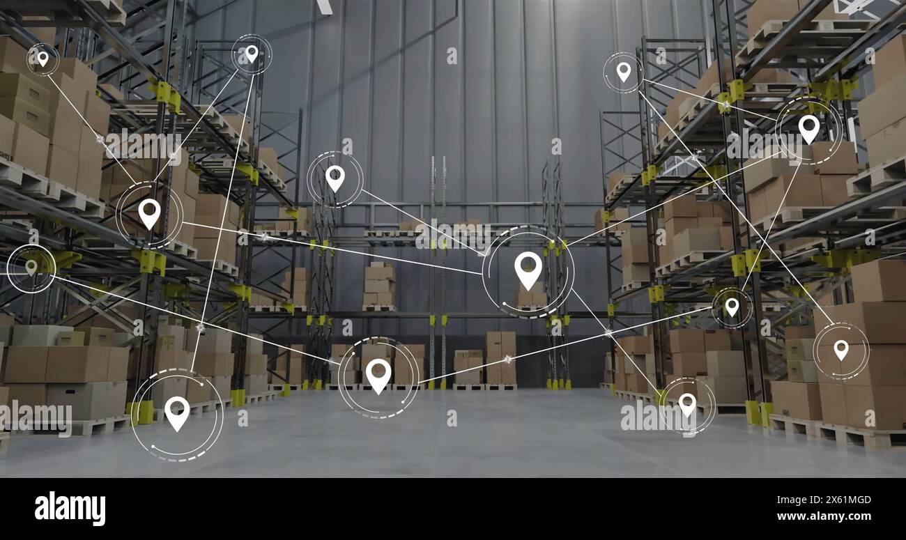 Image of network of connections with icons over warehouse Stock Photo ...