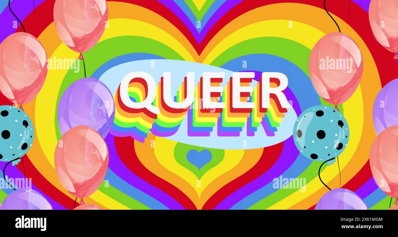 Image of queer text and balloons on rainbow background Stock Photo - Alamy