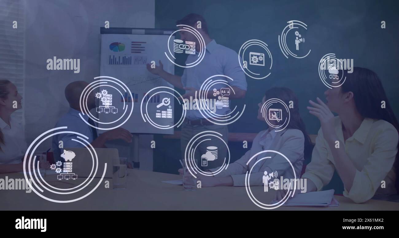 Image of icon in loading circles, diverse man explaining reports to ...