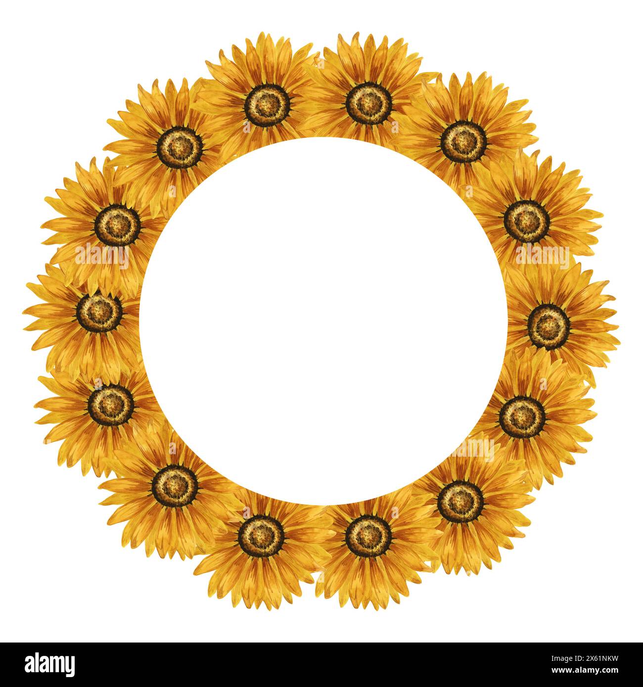 Watercolor sunflowers wreath. Round frame with yellow flowers. Summer ...