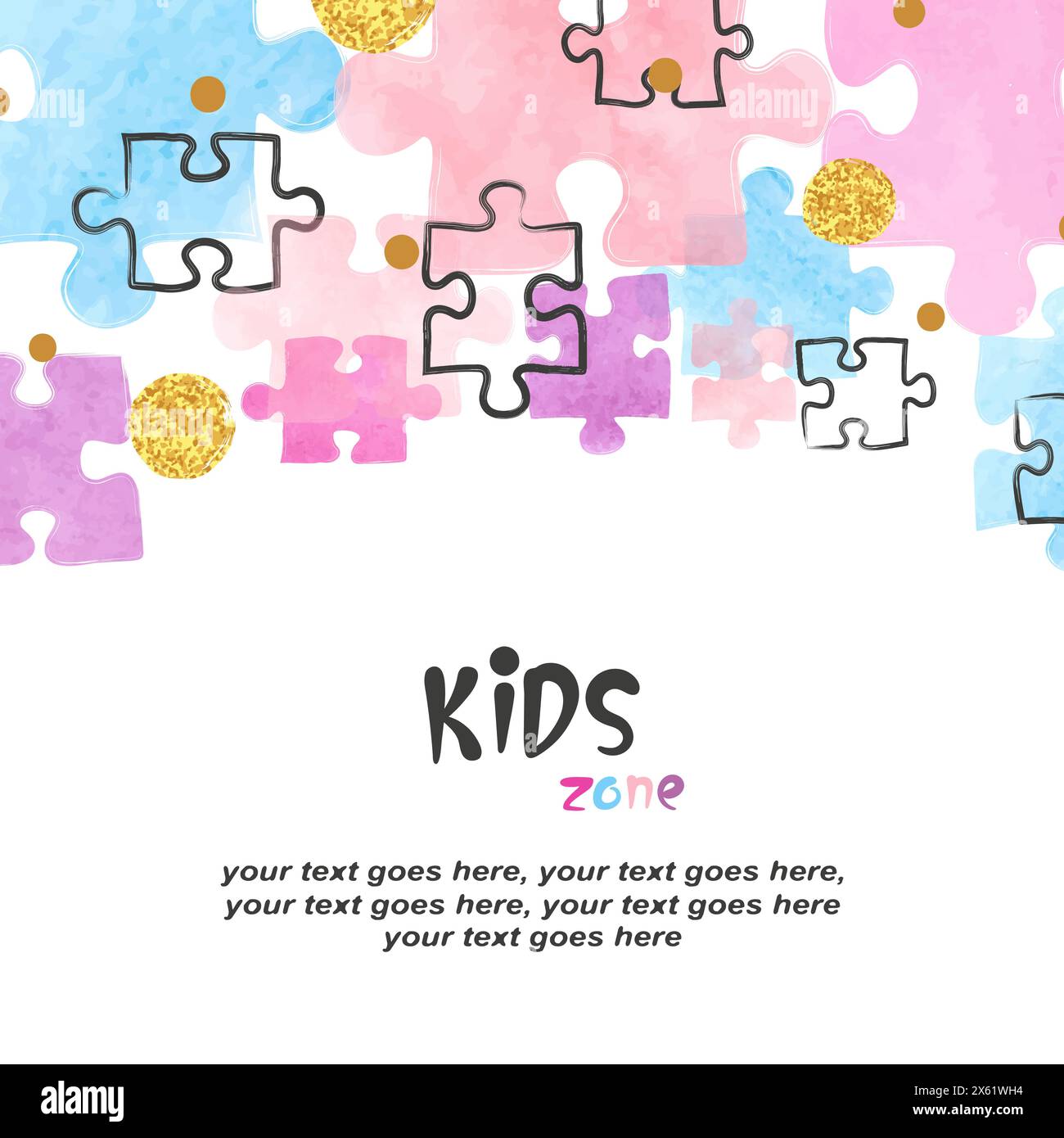 Kids poster design with colorful puzzle pieces. Vector watercolor kids ...