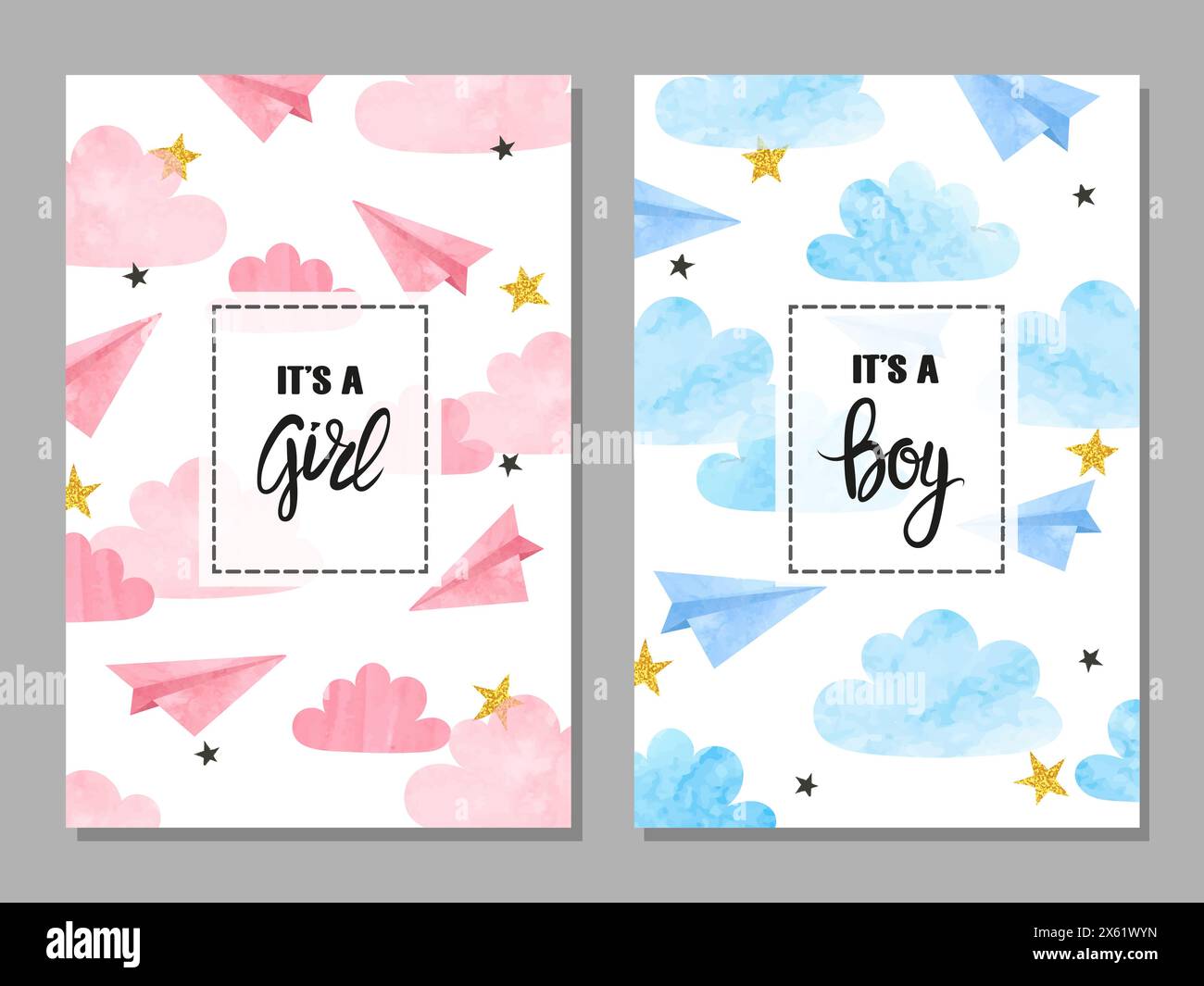 Baby shower card set. Watercolor invitation cards design for baby ...