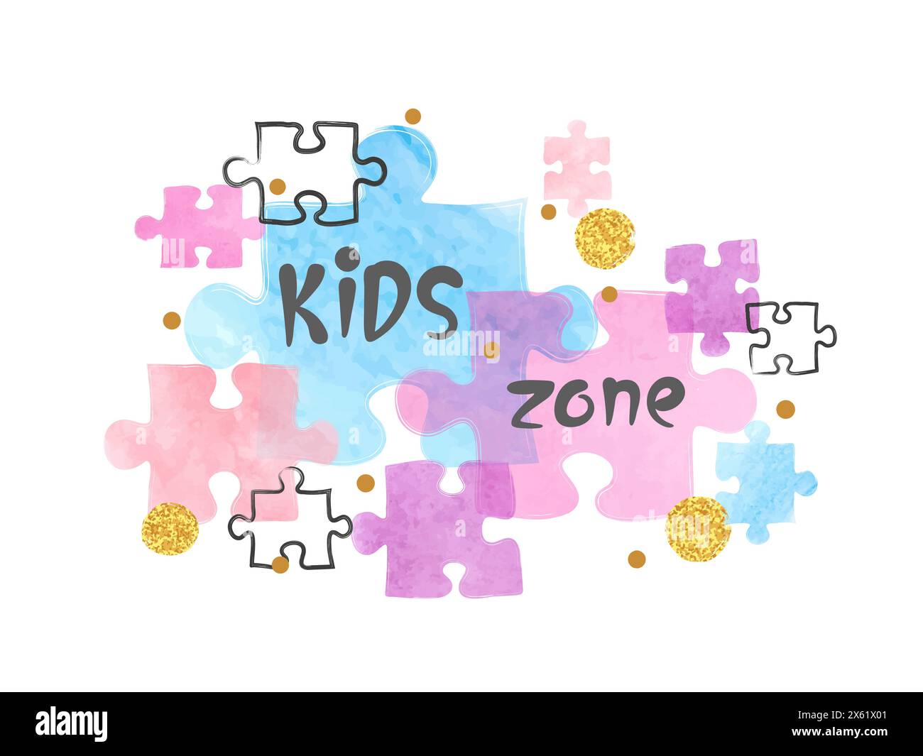 Kids poster design with colorful puzzle pieces. Vector watercolor kids ...