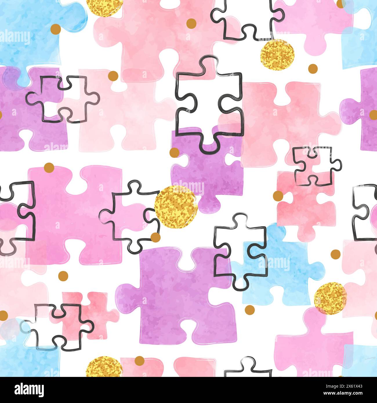 Seamless puzzle pattern. Vector colorful watercolor illustration with ...