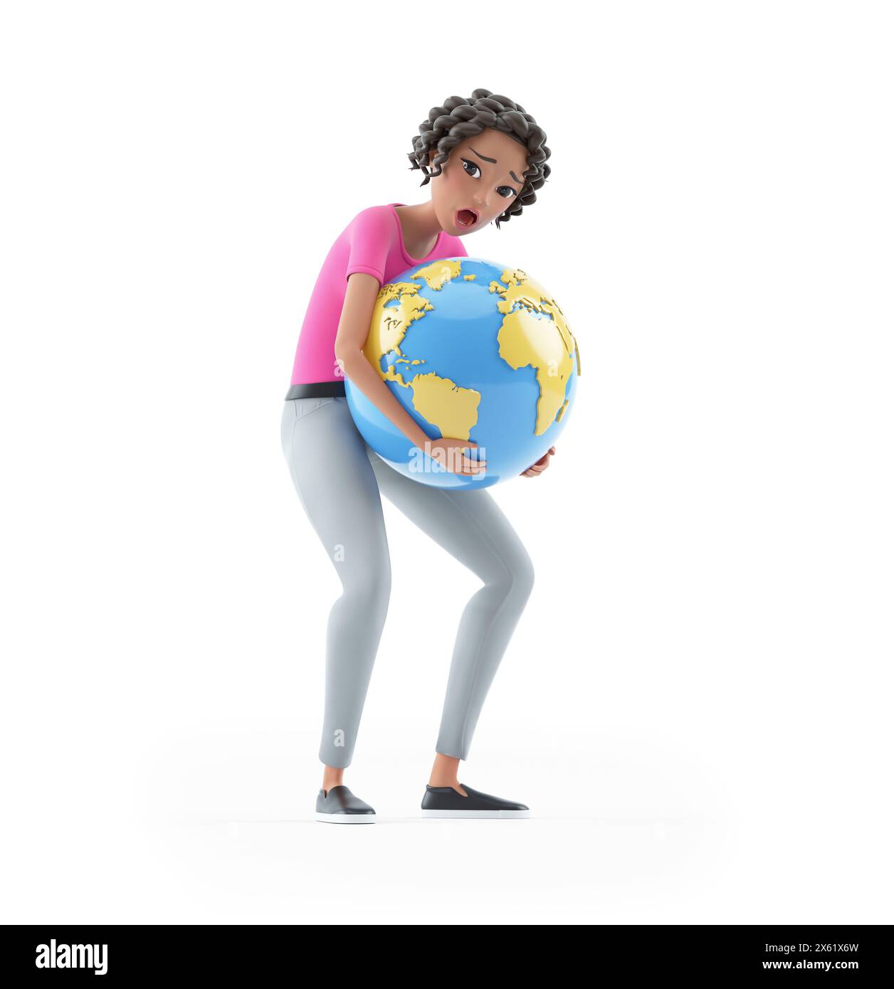 3d beautiful woman lifting heavy earth, illustration isolated on white ...