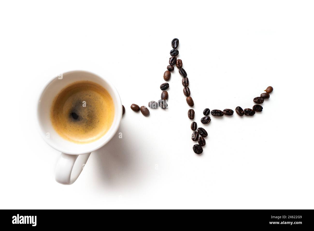Heartbeat pulse line made from coffee beans with a white cup of coffee ...