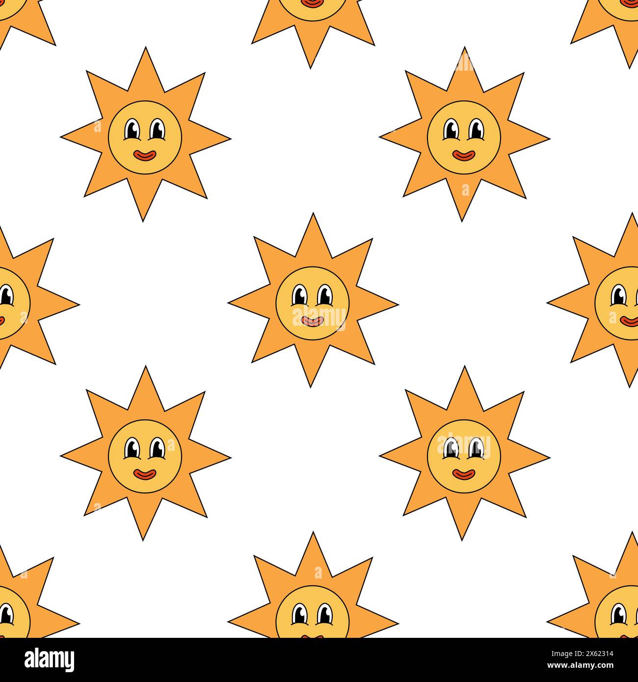 Seamless Pattern with Retro Groovy Sun smiling. Cartoon summer ...