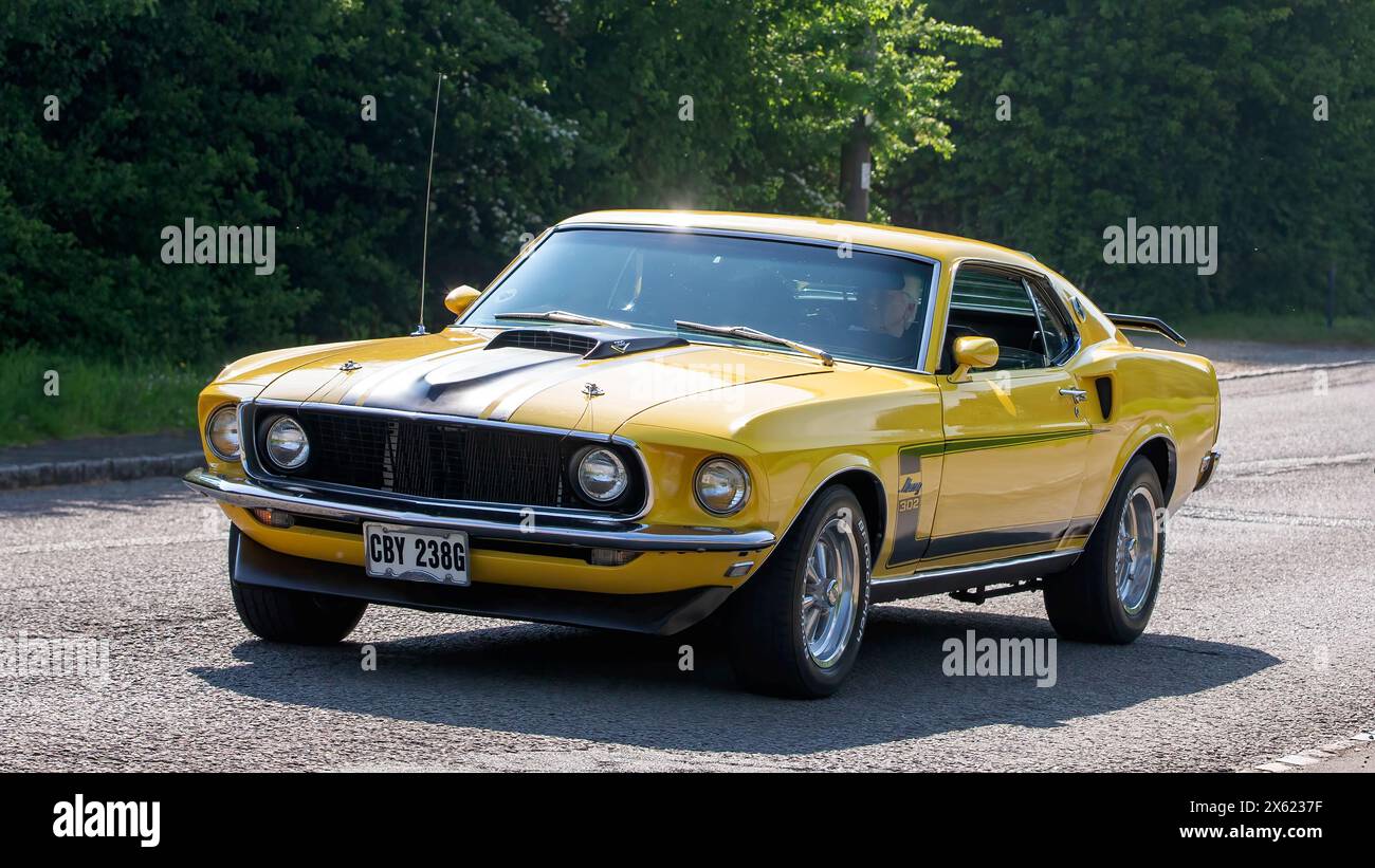 Stoke Goldington,UK - May 12th 2024: 1969 yellow Ford Mustang classic ...