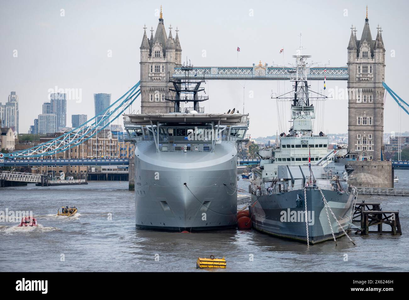 London, UK. 12 May 2024. RFA Proteus is seen moored next to HMS Belfast ...