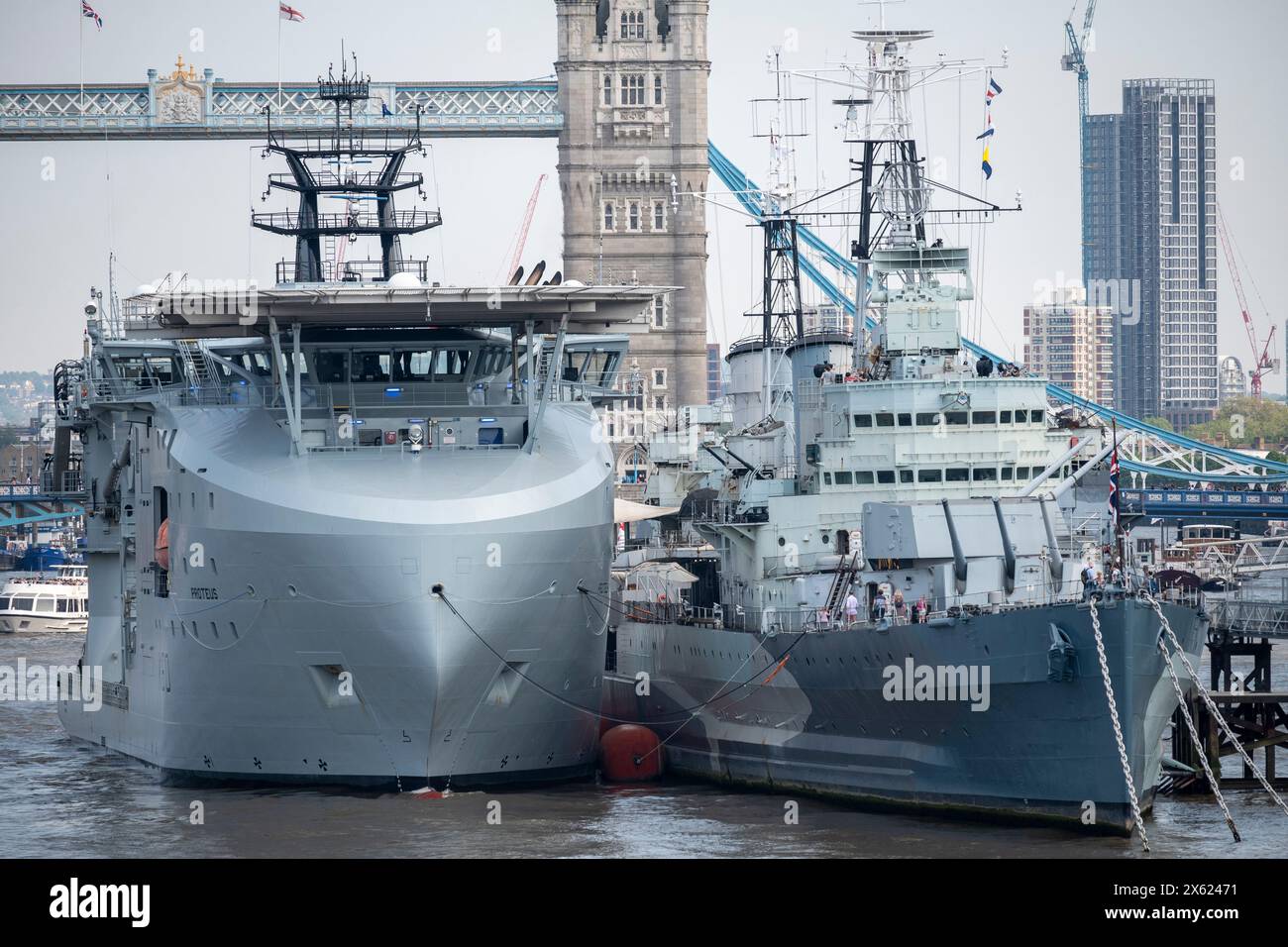 London, UK. 12 May 2024. RFA Proteus is seen moored next to HMS Belfast ...