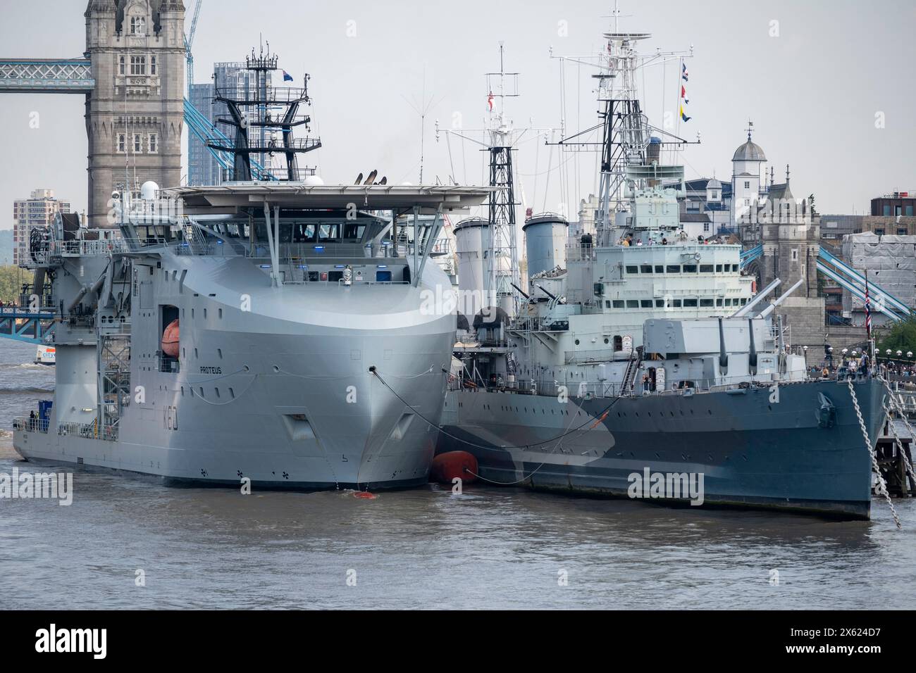London, UK. 12 May 2024. RFA Proteus is seen moored next to HMS Belfast ...