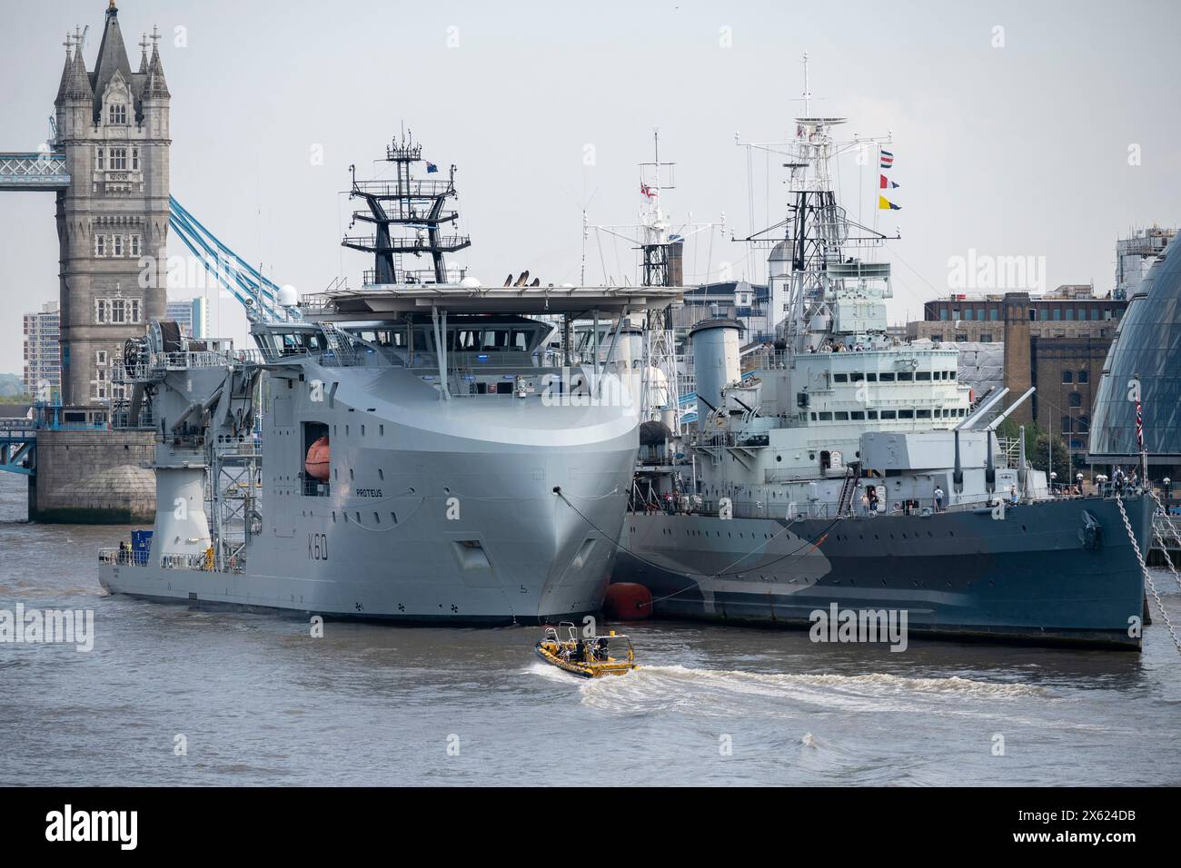 London, UK. 12 May 2024. RFA Proteus is seen moored next to HMS Belfast ...