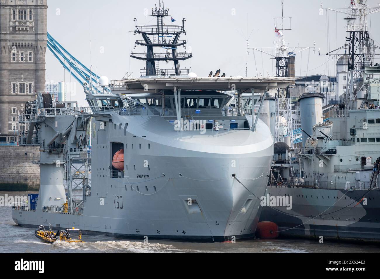 London, UK. 12 May 2024. RFA Proteus is seen moored next to HMS Belfast ...