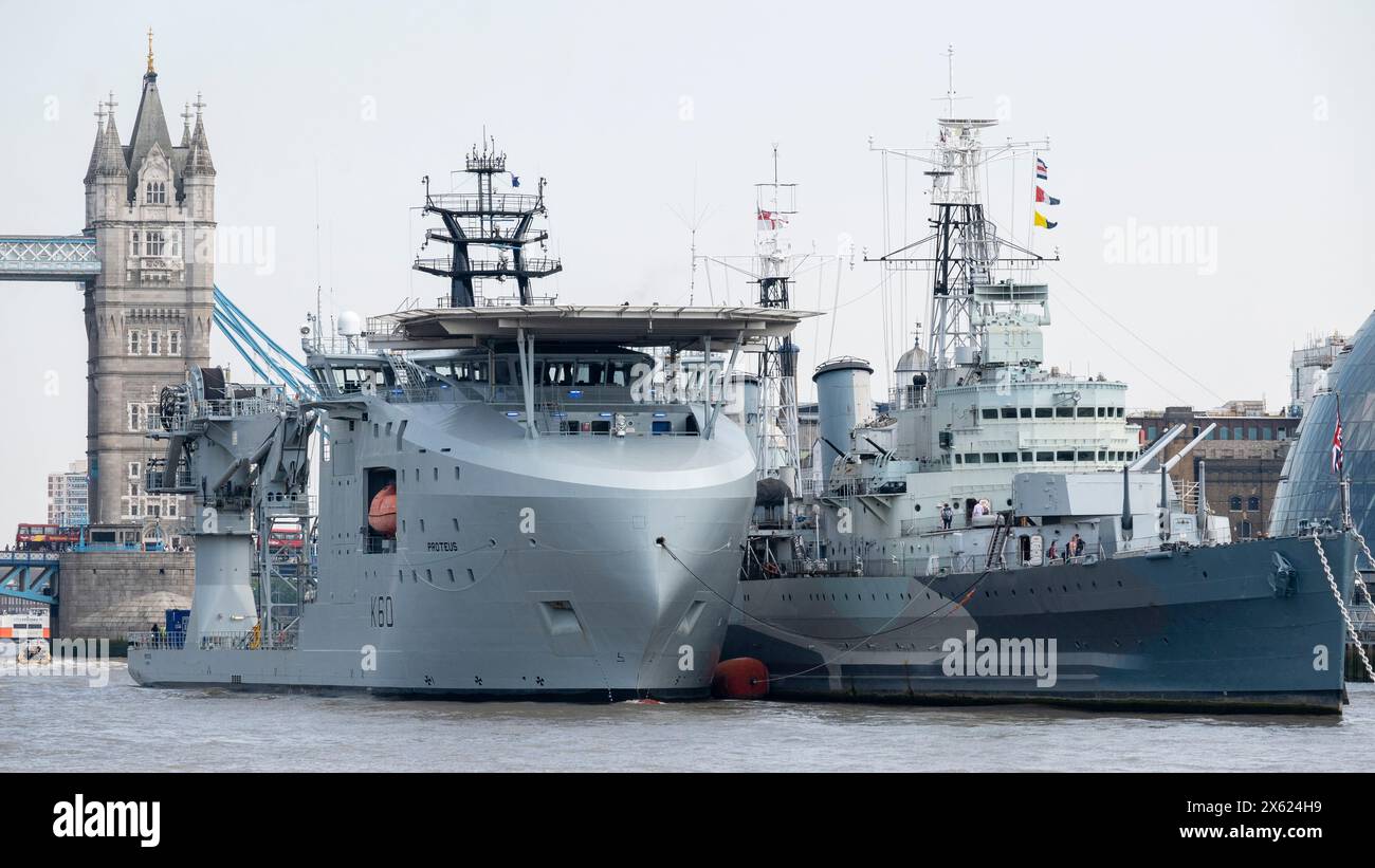 London, UK. 12 May 2024. RFA Proteus is seen moored next to HMS Belfast ...