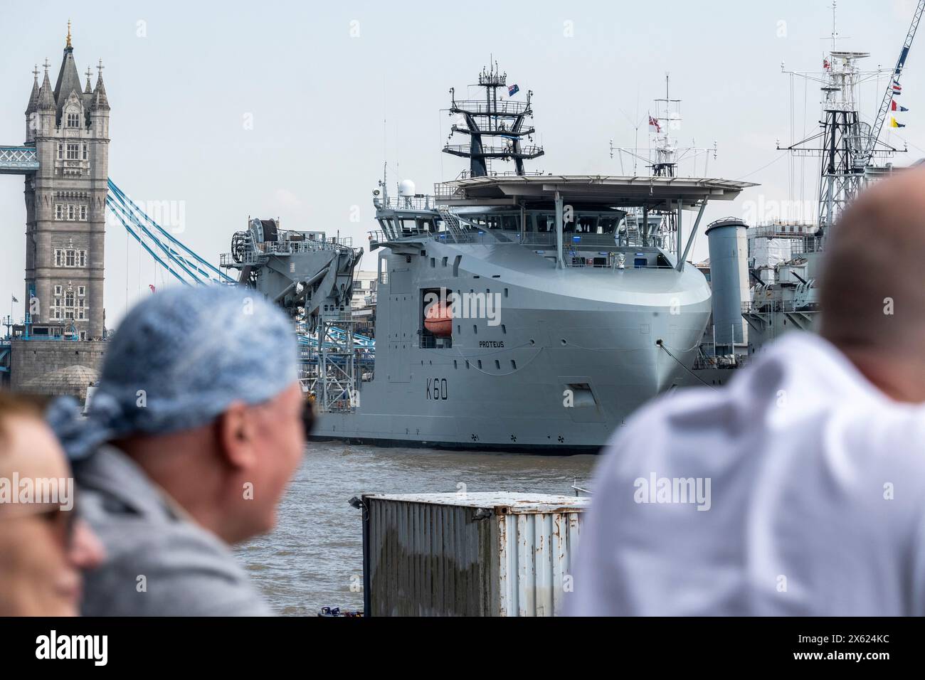London, UK. 12 May 2024. RFA Proteus is seen moored next to HMS Belfast ...