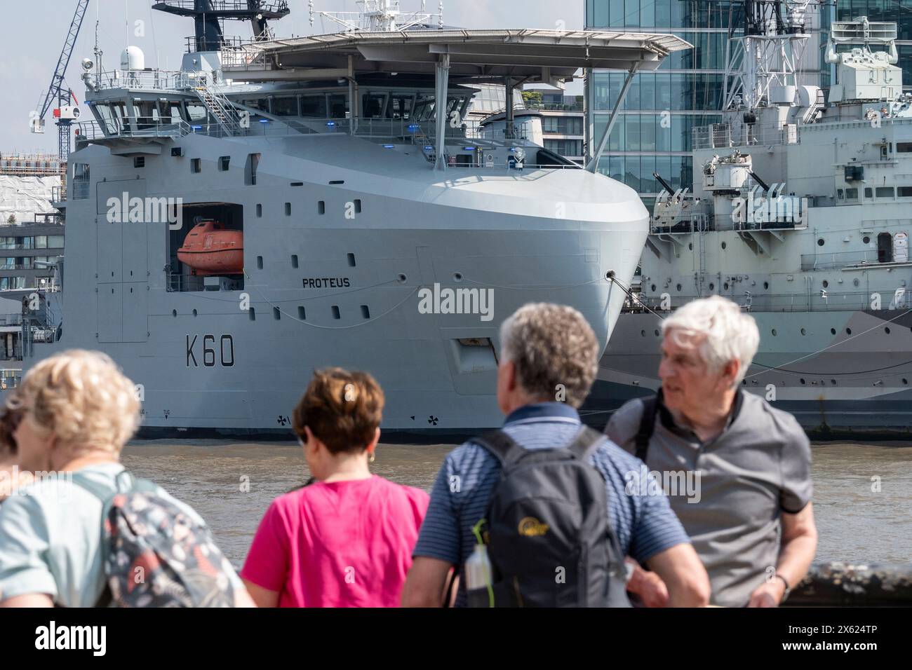 London, UK. 12 May 2024. RFA Proteus is seen moored next to HMS Belfast ...