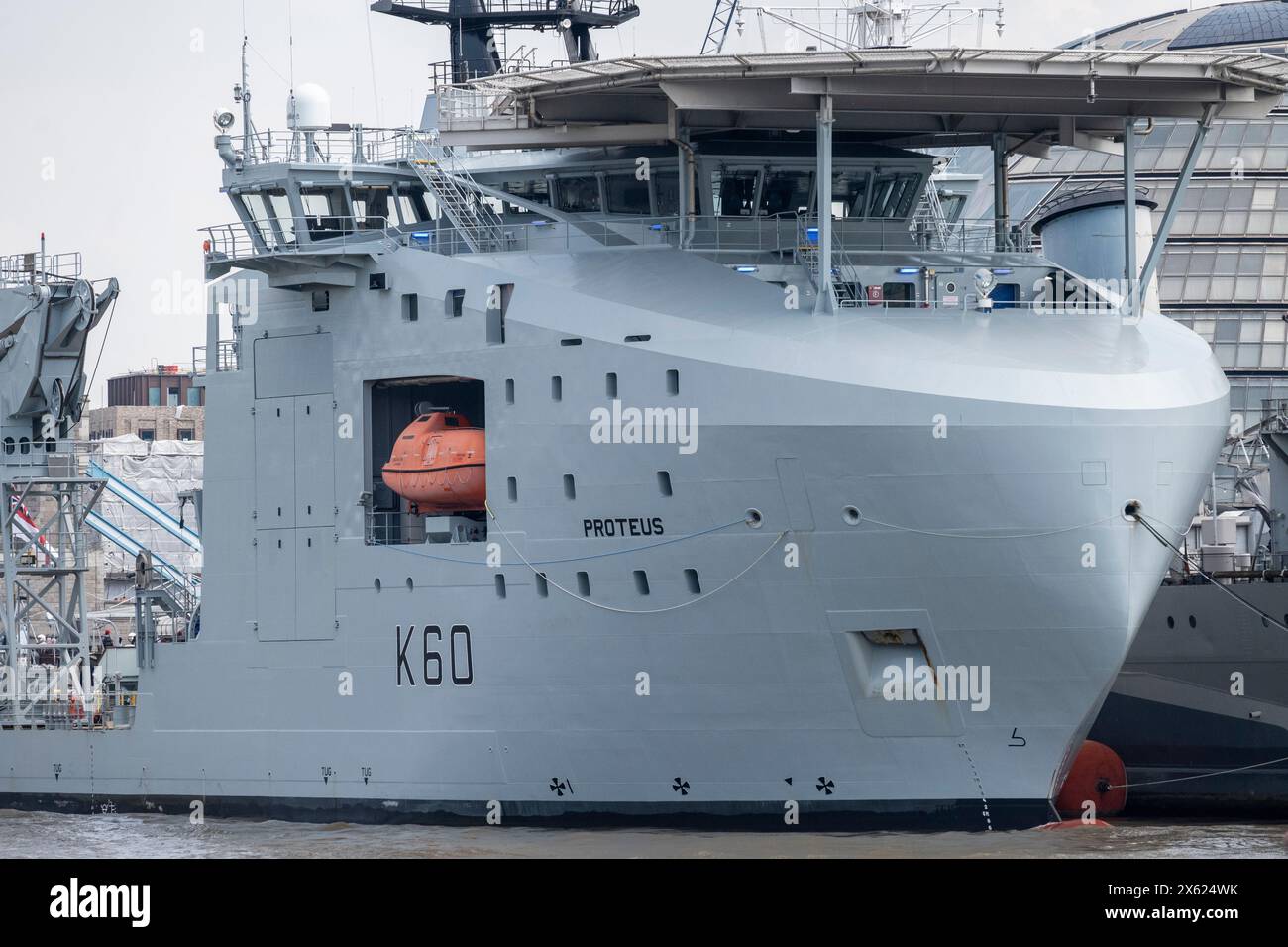 London, UK. 12 May 2024. RFA Proteus is seen moored next to HMS Belfast ...