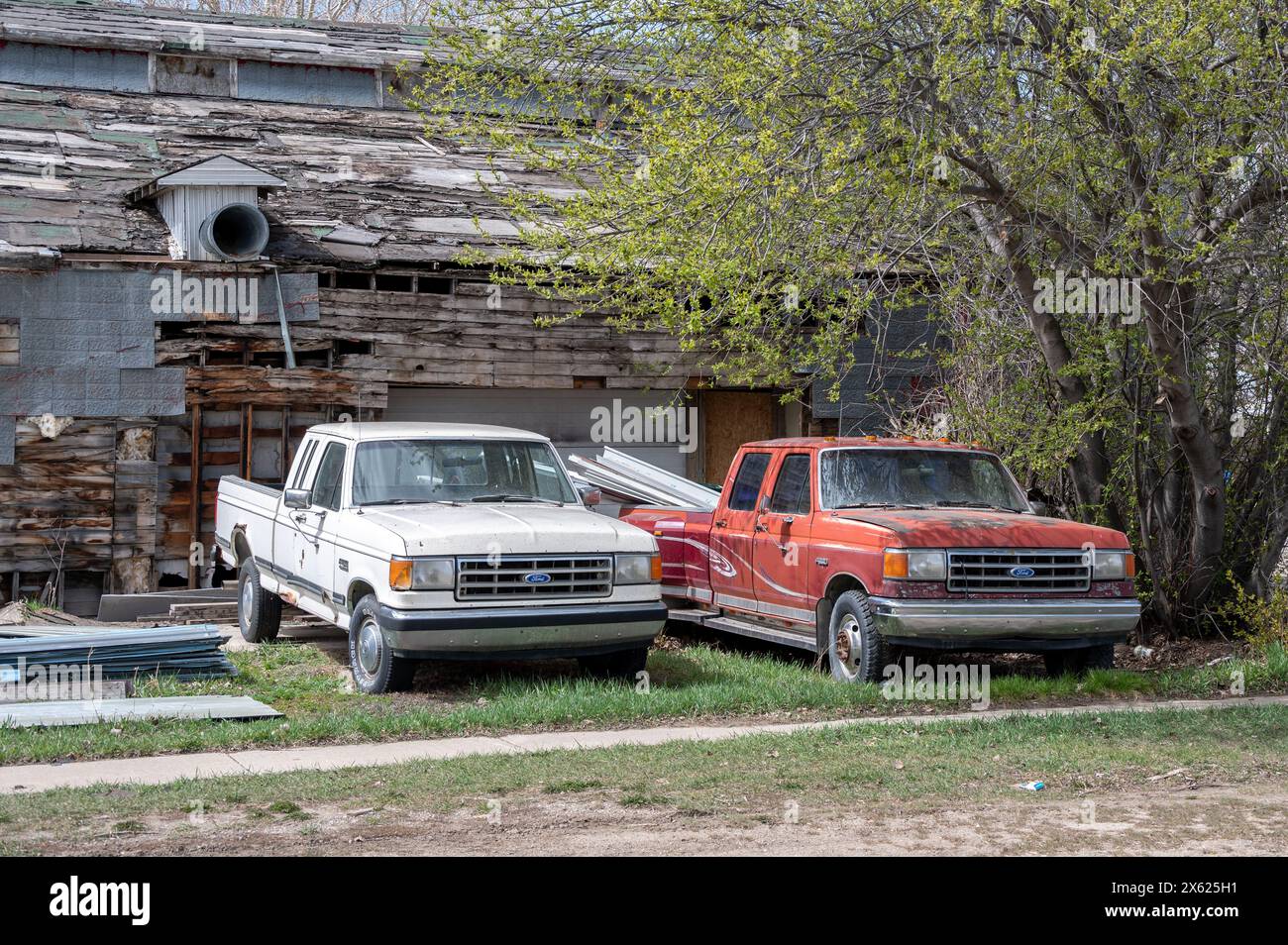 Barons, Alberta - April 28, 2024: Old abandoned trucks beside an ...
