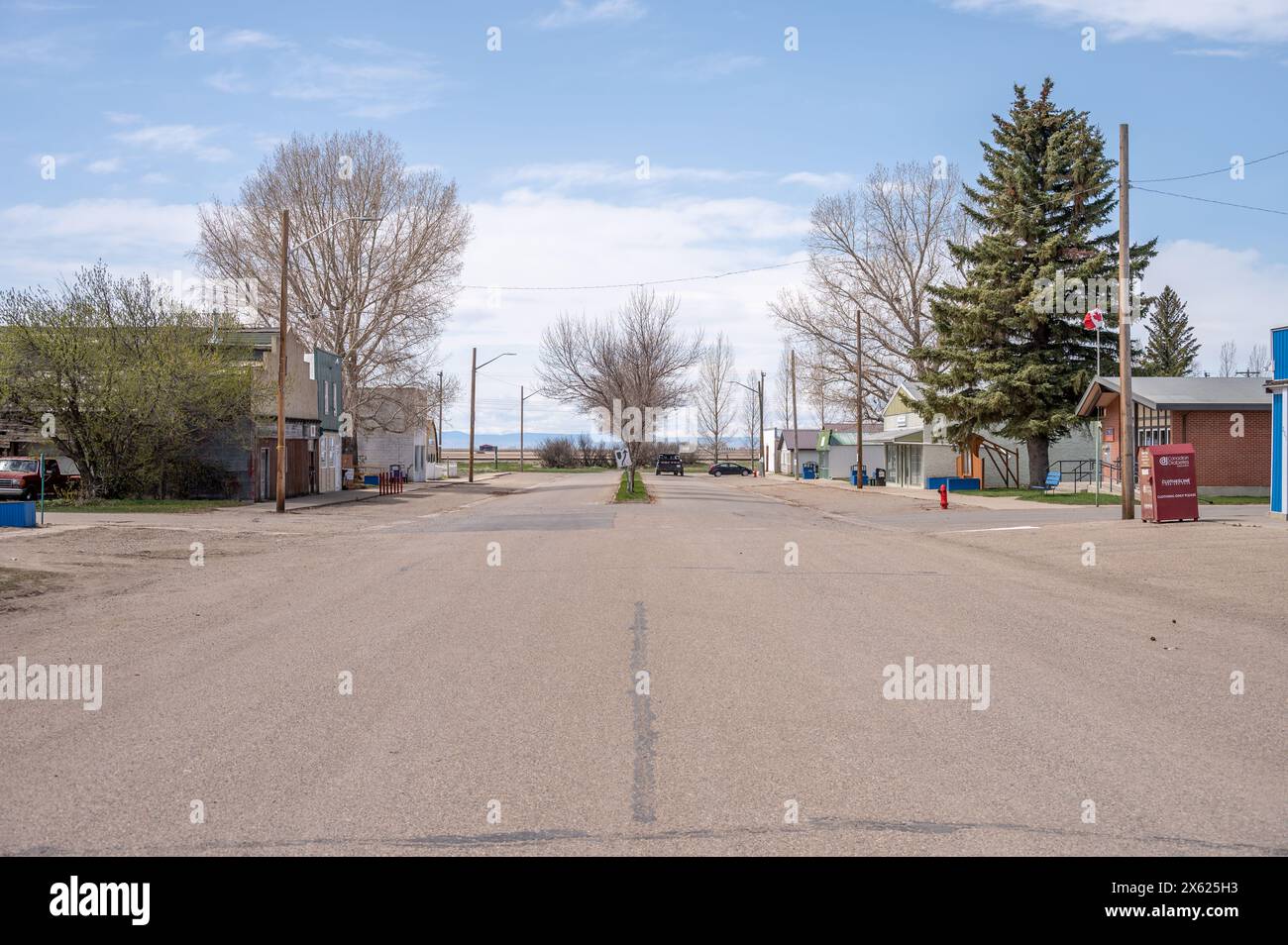 Barons, Alberta - April 28, 2024: Main street buildings in Barons ...