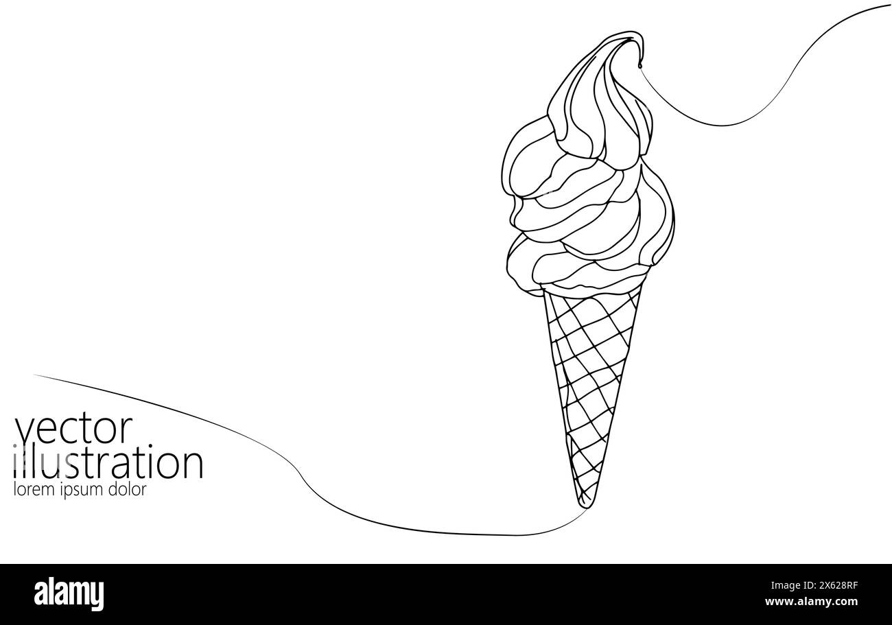 Single continuous one line art ice-cream dessert. Frozen waffle scoop ...