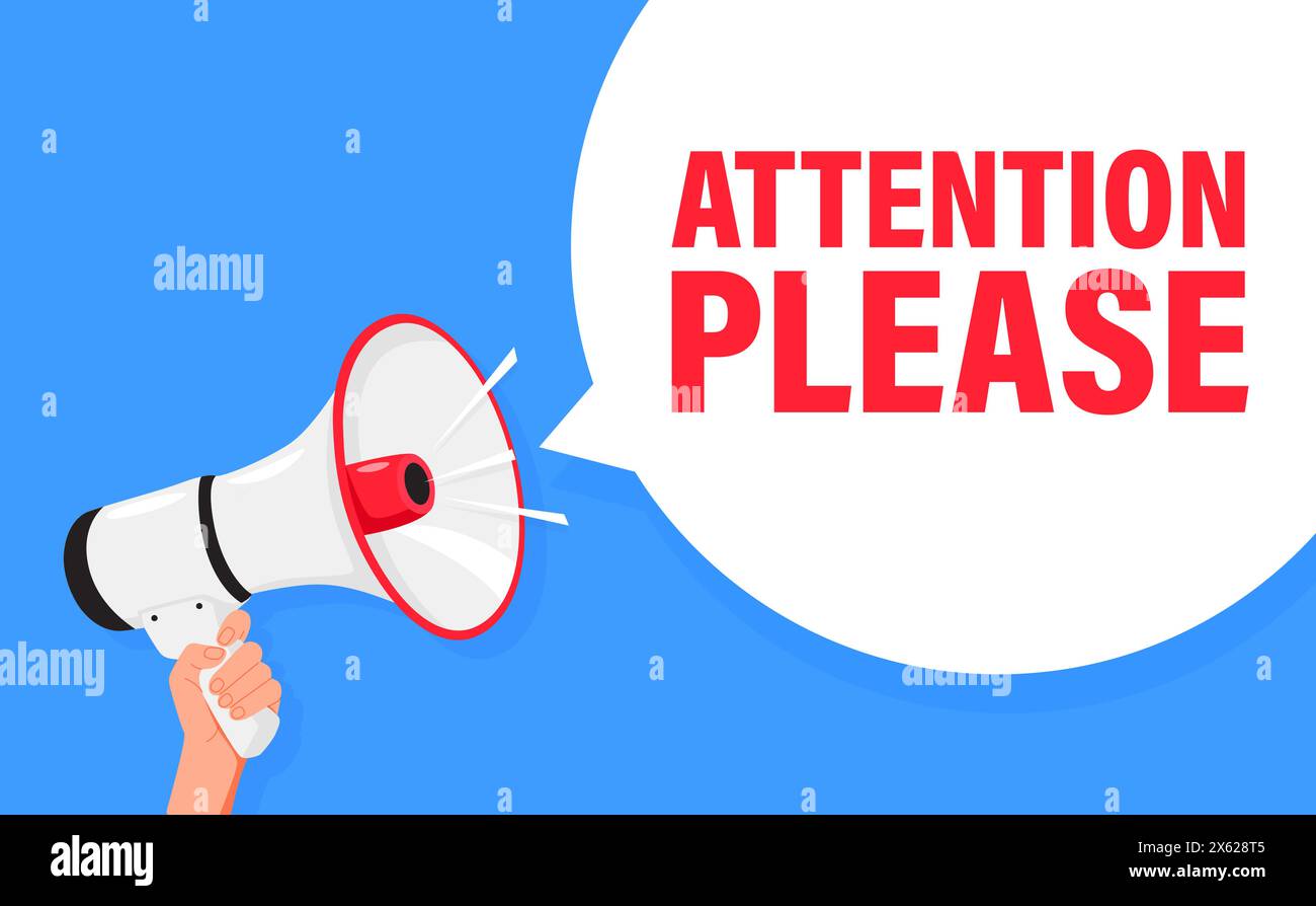 Attention please. Hand hold megaphone speaker for announce. Attention please. Shouting people ...