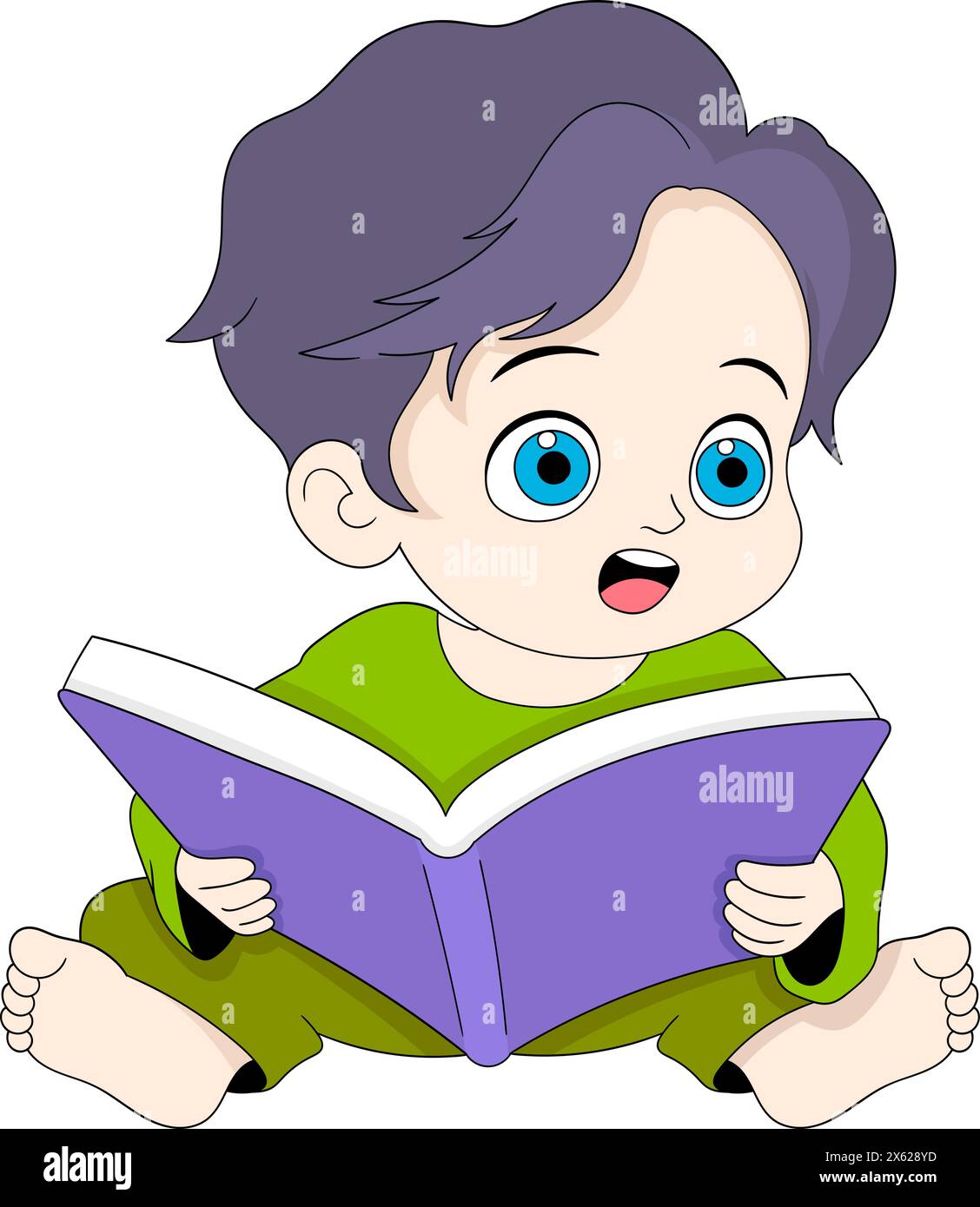 educational cartoon doodle illustration, toddler boy is sitting reading ...