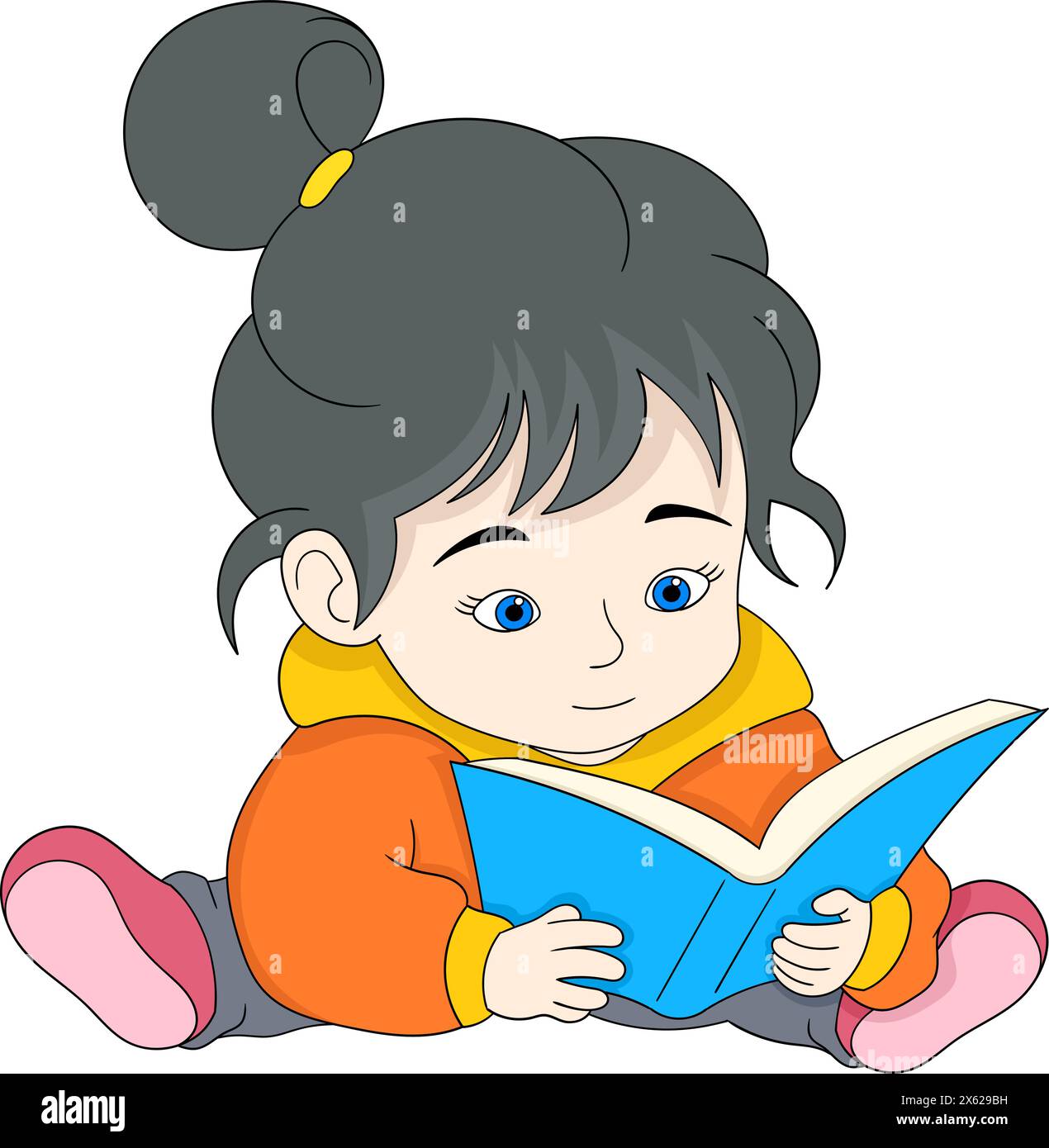 educational cartoon doodle illustration, girl is sitting studying a ...