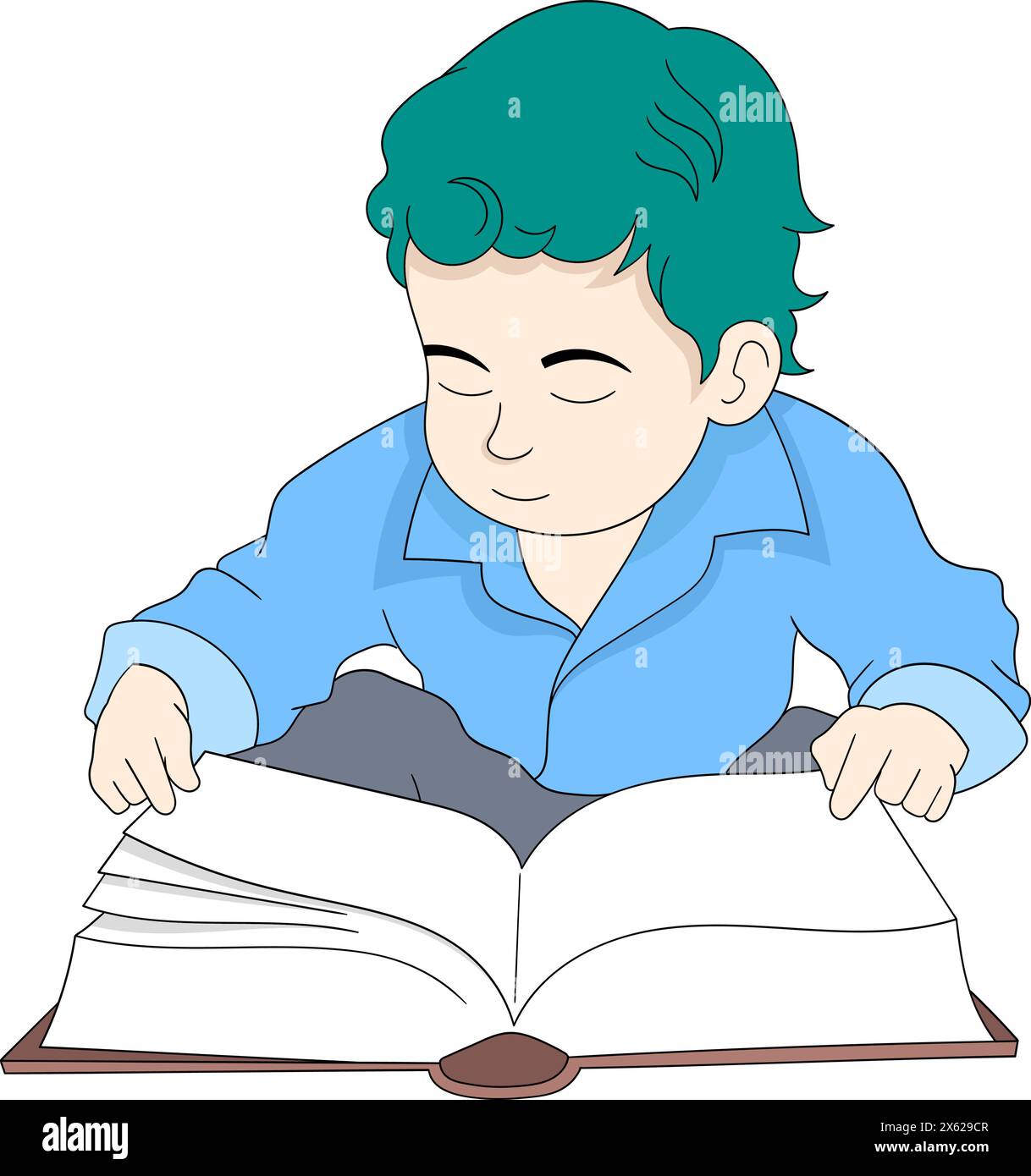 educational cartoon doodle illustration, a boy is sitting reading a ...