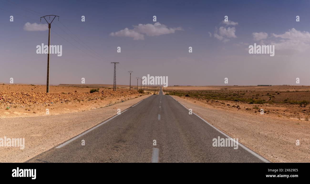 An endless desert highway and power lines leading through the rock and ...