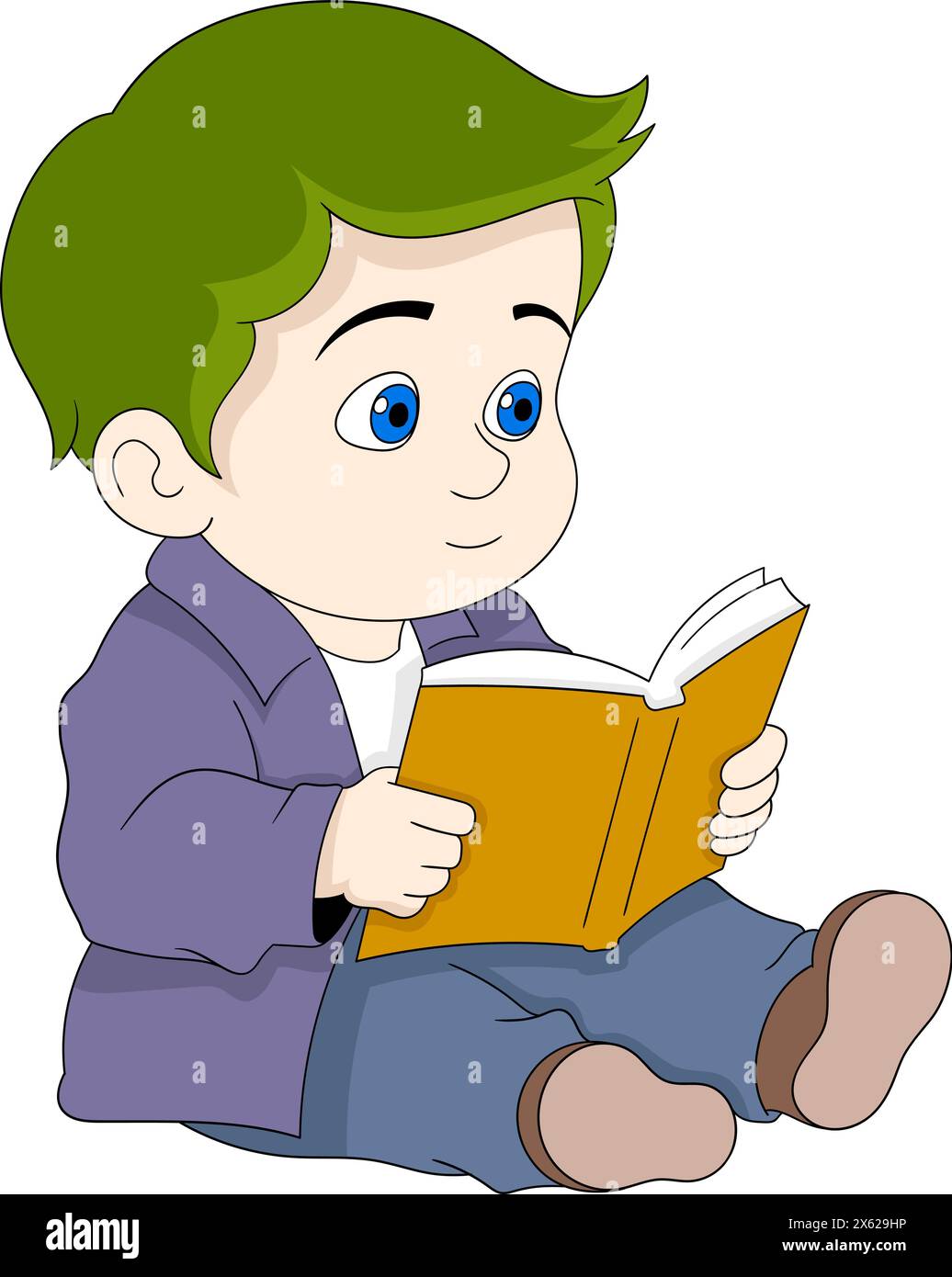 educational cartoon doodle illustration, boy is sitting studying a ...