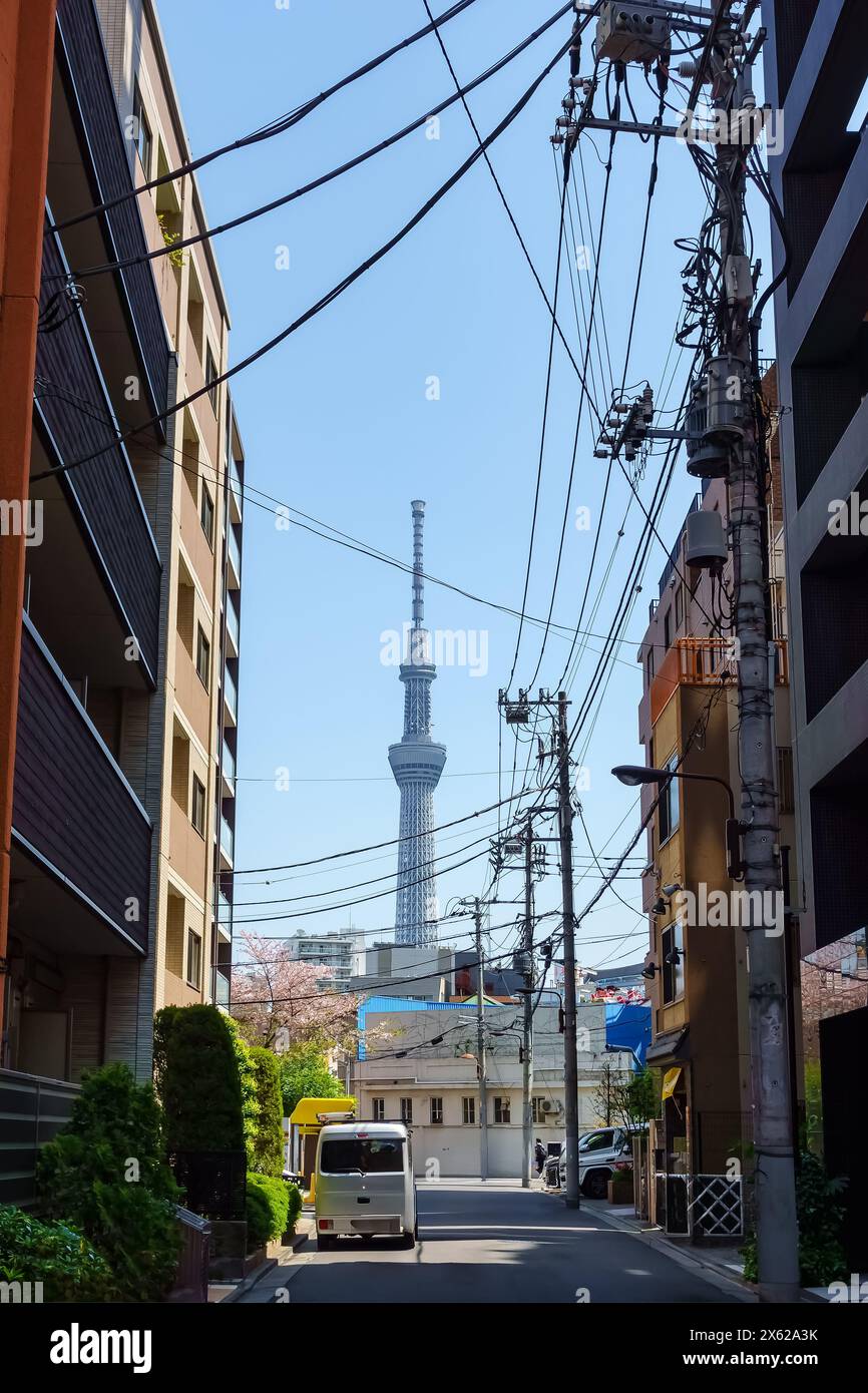 Many power lines crisscrossing between buildings on the streets of ...