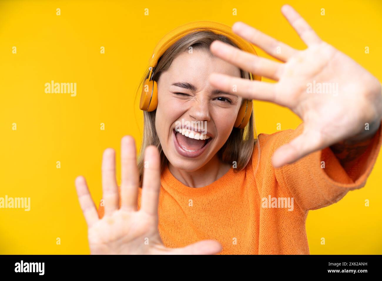 Happy emotions concept. Positive and beautiful young woman laughs ...