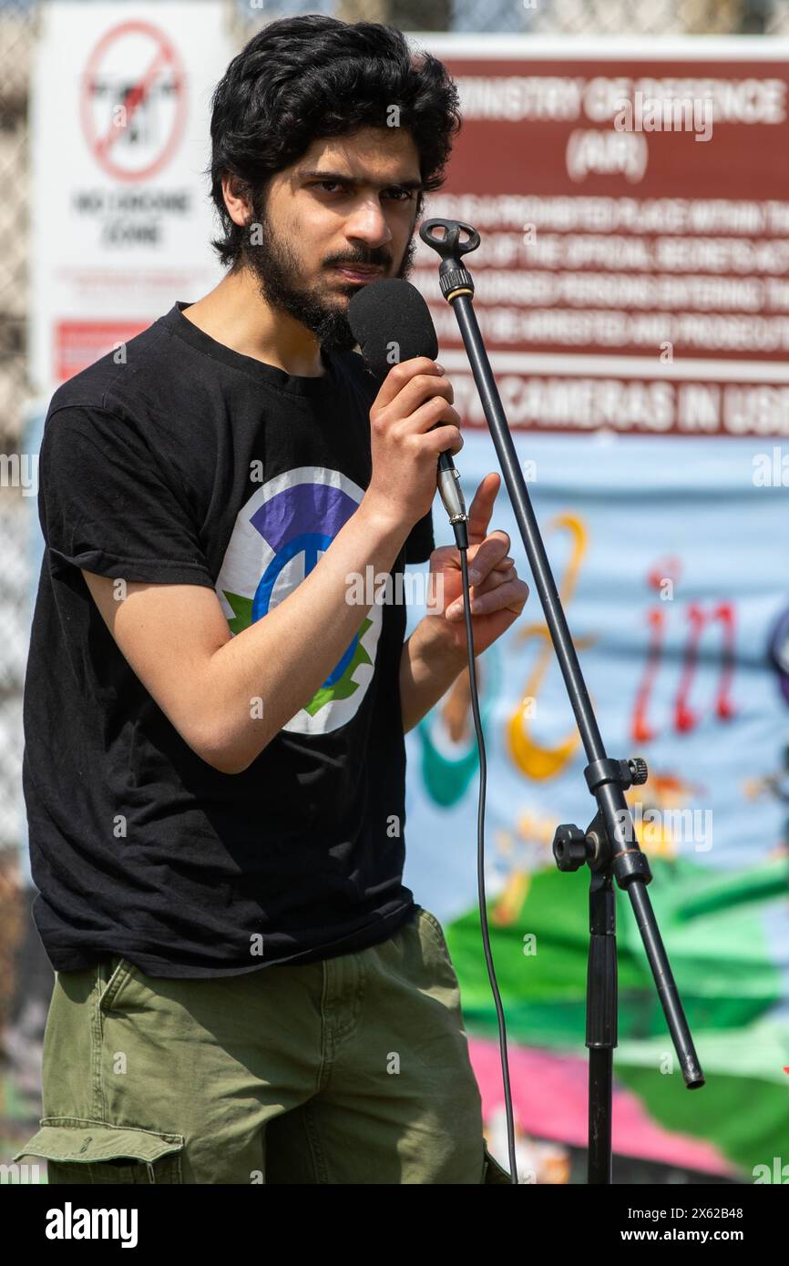 Lakenheath, UK. 11th May, 2024. Junayd Islam of Cambridge Student CND ...