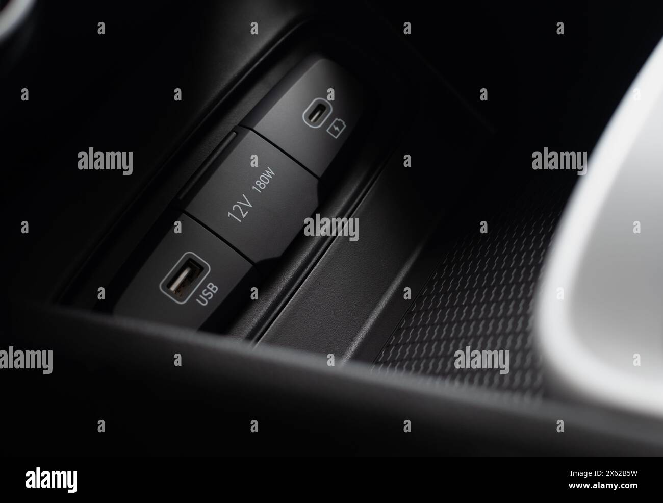 Interior socket block, USB, 12V, 180W of passenger car close-up Stock ...