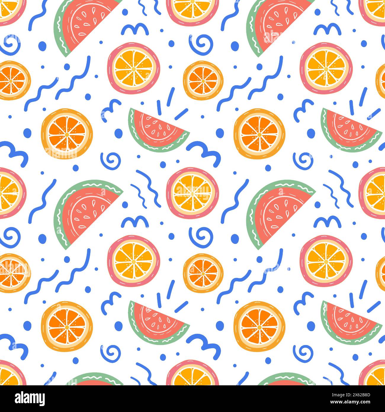 A bright seamless summer pattern with hand-drawn citrus fruits ...